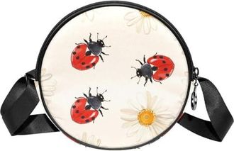 Generic Sac &agrave; bandouli&egrave;re rond pour femme, motif coccinelles, fleurs, petit sac &agrave; bandouli&egrave;re avec fermeture &eacute;clair, bretelles r&eacute;glables, sac &agrave; main rond d&eacute;co