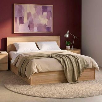 Sweeek Lit avec sommier &agrave; lattes et t&ecirc;te de lit 140 x 190cm + 4 tiroirs d&eacute;cor bois naturel - Kuba