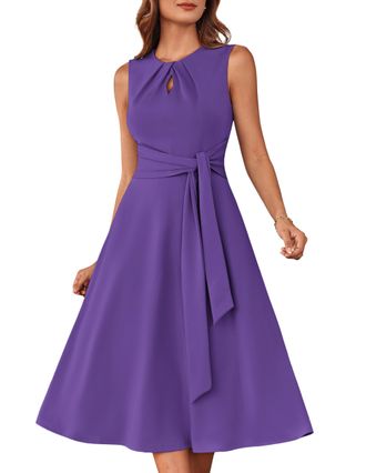 Grace Karin &Auml;rmelloses Midikleid f&uuml;r Damen elastisches Rundhalskleid Plissiertes Cut-Out mit G&uuml;rteltaschen Lila 2XL