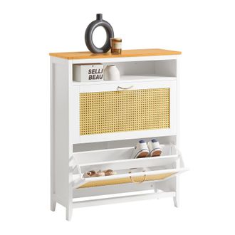 SoBuy FSR127-W Schuhkipper Schuhschrank mit 2 Klappen, 1 offenen Fach Schuhablage Schuhregal mit 4 Ablagefl&auml;chen Schuhkommode mit Gitteroptik BHT ca.: 75x98