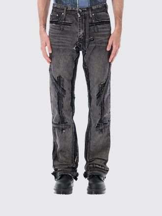 Who Decides War by Ev Bravado Jean droit en denim vieilli avec taille mi-haute et patchwork