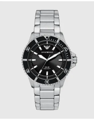 Emporio Armani World Explorer - Solarbetriebene Herrenuhr aus silberfarbenem Edelstahl mit drei Zeigern, AR11787
