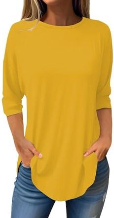 Generic Hauts &agrave; manches 3/4 pour femme - T-shirt d&eacute;contract&eacute; &agrave; manches longues - Col rond - Grande taille - Haut de sortie tendance - Couleur unie - Haut &agrave; ma