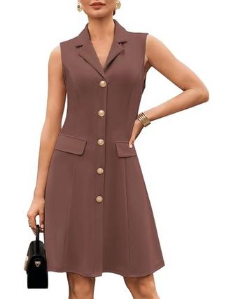 Grace Karin Robe d&eacute;t&eacute; &eacute;l&eacute;gante pour femme - Sans manches - Col &agrave; revers - Taille haute - Ligne A - Longueur genou - Robe d&eacute;contract&eacute;e, marron, M
