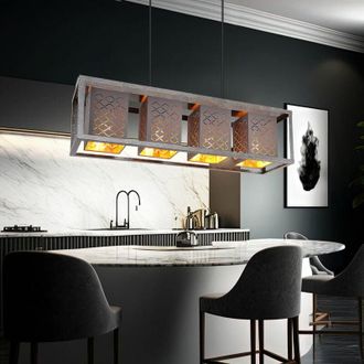 ETC Shop Pendelleuchte Metall 4 flammig Hängelampe Esstisch grau Pendellampe verstellbar, Höhe anpassbar, Orientalisch Dekorstanzungen, Textil silber gold
