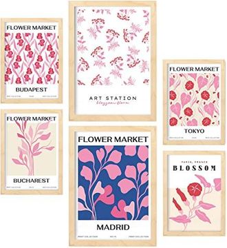 Nacnic Lot de 6 affiches de fleurs. Fleurs de campo. Impressions nature et botanique pour lam&eacute;nagement et la d&eacute;coration dint&eacute;rieur. A3 & A4, cadres en bois