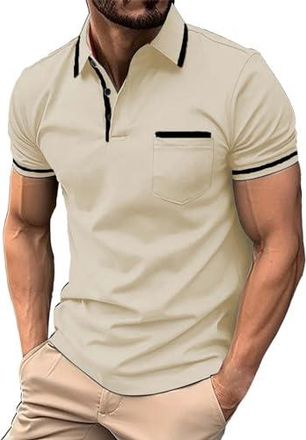 Generic Polo en coton pour homme adulte, col standard, manches courtes, t-shirt &agrave; bouton 1/4 avec poche poitrine, coupe confortable, couleur unie, t-shirt Hen
