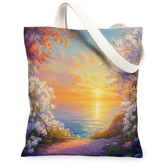 Generic Sac fourre-tout en toile de jasmin printanier pour faire du shopping, 33 x 38,1 cm, motif floral, arbre de mer, sac d&eacute;picerie r&eacute;utilisable pour femme,