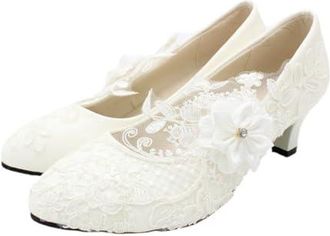 Frcolor Chaussures de Mariage Blanches en Dentelle Talon Carr&eacute; 5 CM Paire L&eacute;g&egrave;re en Caoutchouc et PU Chaussures &agrave; Lacets &Eacute;l&eacute;gantes pour Soir&eacute;e et Banquet Femm