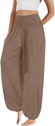 Generic Pantalon sarouel en lin pour femme - Taille haute élastique - Coupe ample - Confortable - Décontracté - Contrôle du ventre - Léger - Respirant - Solid