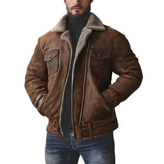 Generic Veste pour homme en cuir synth&eacute;tique avec fermeture &eacute;clair - Veste daviateur vintage avec doublure en peluche - Chaudes et &eacute;paisses - Veste dhiver r&eacute;t
