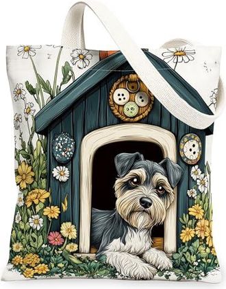 Generic Sac fourre-tout en toile motif chien schnauzer printanier 33 x 38,1 cm, niche amusante et r&eacute;utilisable, motif imprim&eacute; floral, sac d&eacute;picerie pour femme