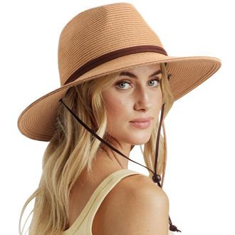 Dreshow Damen Panama Hut Sommer Breiter Krempe Stroh Fedora Sommerhut Strandhut UV Sonnenhut mit Kinnriemen Verstellbare Strohhut UPF 50 +