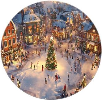Generic Th&egrave;me du Nouvel an Tapis Rond Village No&euml;l Place Ski Tapis dArbre No&euml;l Tapis antid&eacute;rapant Doux Lavable pour Salon Chambre &agrave; Coucher D&eacute;cor Vacances 120