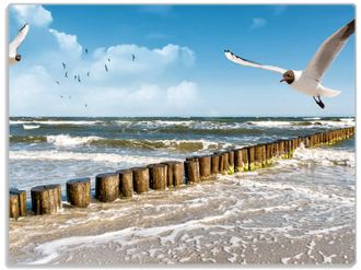 Wallario Glasunterlage/Schneidebrett aus Glas, Fliegende M&ouml;we am Strand, Gr&ouml;&szlig;e 30 x 40 cm, Kratzfest, aus Sicherheitsglas