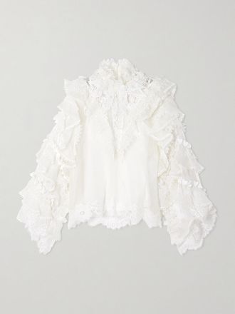 Zimmermann Crush Bluse Aus Einer Leinen-seidenmischung Mit R&uuml;schen, Spitze Und Applikationen - Elfenbein