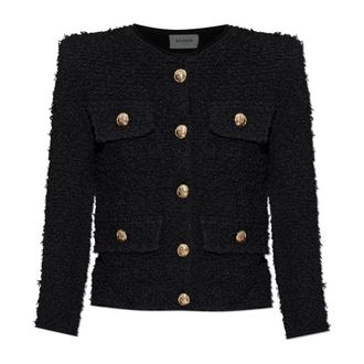 Balmain Tweed-Strickjacke mit eingen&auml;hten Schulterpolstern - - Jackets - Damen - Schwarzk - XS