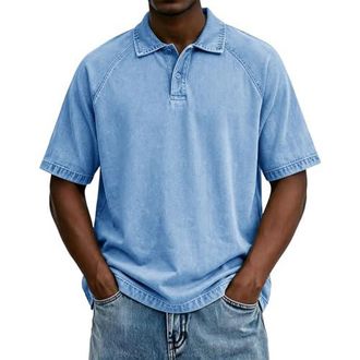 Generic Polo vieilli pour homme en coton d&eacute;lav&eacute; &agrave; manches courtes avec boutons - Pull vintage &agrave; col &agrave; revers - Confortable - Doux &agrave; porter - &Eacute;vacuation de lhu