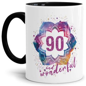 Tassendruck Geburtstags-Tasse 90 and Wonderful Geburtstags-Geschenk zum 90. Geburtstag als Geschenkidee für die Frau/Abstrakt/Bunt/Kaffeetasse/Innen & Henkel Schw