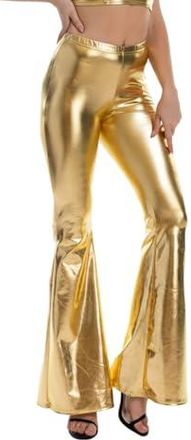 Generic Pantalon &eacute;vas&eacute; brillant en similicuir m&eacute;tallique pour femme avec bas cloche, pantalon &agrave; jambe large iris&eacute; pour festival, performance, f&ecirc;te, club, rave