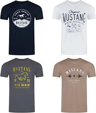 Mustang Jeans Mustang Lot de 4 t-shirts homme - Imprimé sur le devant - Col rond - Manches courtes - 100 % coton - Noir - Blanc - Gris - Bleu - Vert - S M L XL XXL 