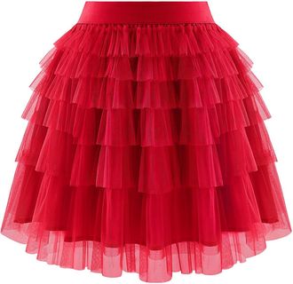Bbonlinedress Damen Tutu T&uuml;llrock rot Petticoat Unterrock Cosplay mini Rock Kurz Tanzrock T&uuml;ll Ballett Kost&uuml;me Karneval Fastnacht Fasching Red XL