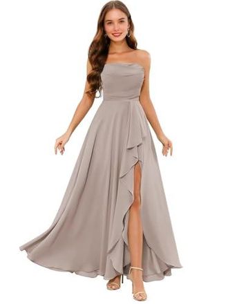 Generic Robe de demoiselle dhonneur longue sans bretelles avec fente et épaules dénudées en mousseline de soie à volants - Robe formelle pour invitée de maria