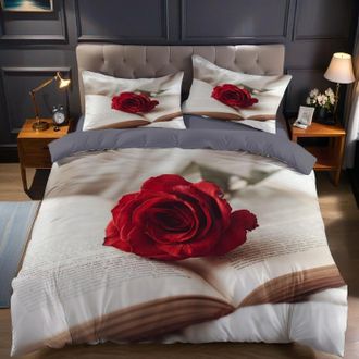 Generic Bettwäsche 200x200 Rose 3D Bettwäsche-Sets Blumen und Bücher 3 Teilig Superweich Mikrofaser Bettbezug und 2 Kissenbezüg 80×80cm mit Reißverschluss f.1