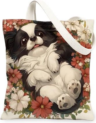 Generic Sac fourre-tout en toile motif chien japonais pour faire du shopping, 33 x 38,1 cm, sac &agrave; bandouli&egrave;re r&eacute;utilisable pour femme, peinture danimaux domes