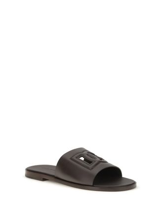 Dolce & Gabbana Mens Embossed Logo Sandals Cioccolato Fondente Calf Leather Bos Taurus