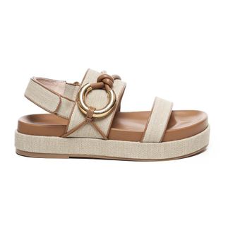 Coccinelle Femme, Chaussures, Beige, Taille: 38 EU Sandales en toile et cuir avec détail métallique