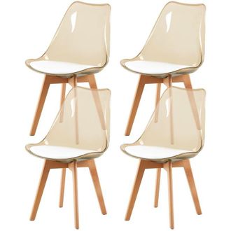 Eggree Lot de 4 chaises salle &agrave; manger avec pieds en bois de h&ecirc;tre, chaises de cuisine transparentes marron avec coussin en cuir PU blanc