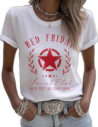 Generic Red Friday Star T-shirt d&eacute;contract&eacute; &agrave; manches courtes et col rond pour femme, blanc, XXL