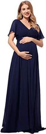 Ever-pretty Robe De Soirée Style Long Manches Volantées Col en V Jupe Trapèze Robe Femme Chic Et Elegant Bleu Marine 54