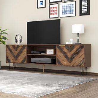 Generic TV-Schrank mit Massivholzt&uuml;ren und F&auml;chern, TV-Lowboard mit gro&szlig;z&uuml;gigem Stauraum, Goldgriffen und stabilen Eisenf&uuml;&szlig;en, funktionales Wohnm&ouml;bel f&uuml;r Wohn