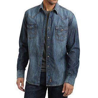 Wrangler Big & Tall Retro Two Pocket Long Sleeve Snap Shirt Chemise, Bleu Denim, Taille XL Hauteur Homme