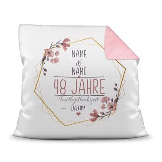 Tassendruck Kissen Hochzeitstag Amethyst Hochzeit - mit Name & Datum selbst gestalten - 48 Jahre Ehe, Geschenk Hochzeit, Jubil&auml;um, Jahrestag - Farbkissen R&uuml;ckseit