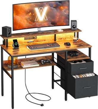 Vasagle Schreibtisch mit Stoff-Schubladen, Computertisch mit Monitorständer, LED-Beleuchtung, 55 x 120 x 90 cm, eingebaute Steckdosen, 2 USB-Anschlüsse, für H