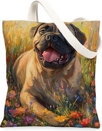 Generic Sac fourre-tout en toile motif chien Mastiff de printemps 33 x 38,1 cm, motif fleurs color&eacute;es, sac d&eacute;picerie r&eacute;utilisable pour femme, animal de compag