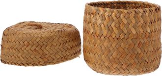 BESPORTBLE Handgeflochtener Seegraskorb Kleiner Blumenkorb mit Deckel Runde Nat&uuml;rliche Aufbewahrungsbox f&uuml;r Schreibtisch und Geschenkverpackung 12X9cm