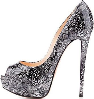elashe Escarpins Femme Plateforme - 15CM Escarpins Peep Toe - 3CM Plateforme Talon Chaussures Open Toe Fleur-Gris EU40
