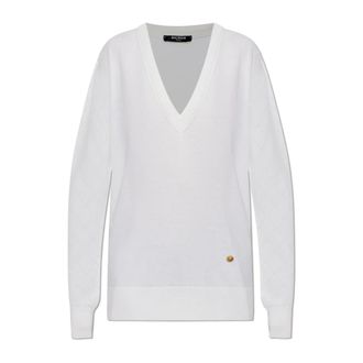 Balmain Woll-V-Ausschnitt-Pullover - - Knitwear - Damen - Wei&szlig; - S