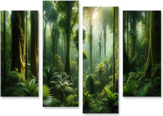 Islandburner Bild auf Leinwand Dichter Urwald im Morgenlicht mit &uuml;ppigem Gr&uuml;n und hohen B&auml;umen Bilder Wandbilder Poster