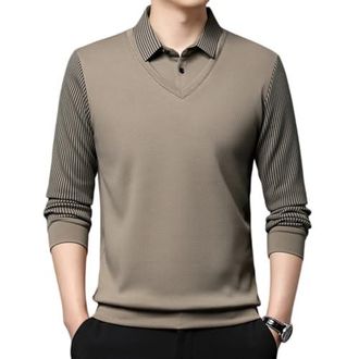 Generic Sempornai Chemise deux pi&egrave;ces &agrave; revers ray&eacute;e pour homme, faux revers deux pi&egrave;ces, haut &agrave; manches longues pour homme, kaki, XXL