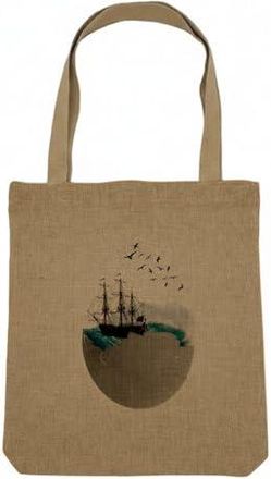 Fabulous Sac Shopping Tote Bag Aspect Lin - Ocean dans un Oeuf Collage Art Surr&eacute;alisme voilier - Sac de Courses Toile Epaisse 360g Beige Naturel Cabas Port&eacute; Ep