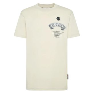 Philipp Plein Homme, Tops, Beige, Taille: L T-shirt Col Rond Banner Baroque Skull