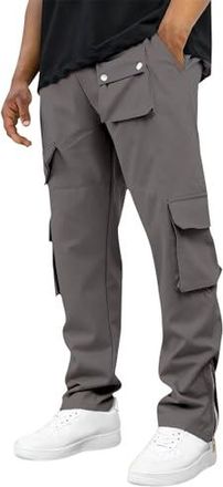 Generic Pantalon cargo pour homme, coupe ample, jambe droite, d&eacute;contract&eacute;, multi-poches avec fermeture &eacute;clair, style moto, gris, 3XL