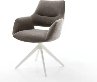 DELIFE Drehstuhl Yago-Flex mit Armlehnen Strukturstoff Soft Taupe Kreuzgestell breit Wei&szlig; 360&deg; drehbar Wippfunktion Taschenfederkern, Esszimmerst&uuml;hle