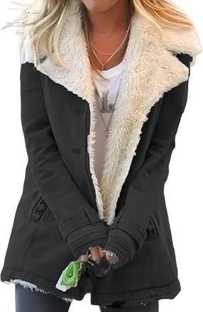 Generic Veste chaude doubl&eacute;e en peluche avec col &agrave; revers pour femme, manteau dhiver chaud en fausse fourrure boutonn&eacute;e en polaire, Noir, 5XL