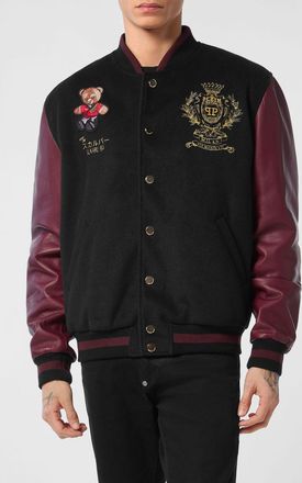 Philipp Plein Varsity-Bomberjacke aus Wolle und Leder mit langen &Auml;rmeln und gesticktem Logo